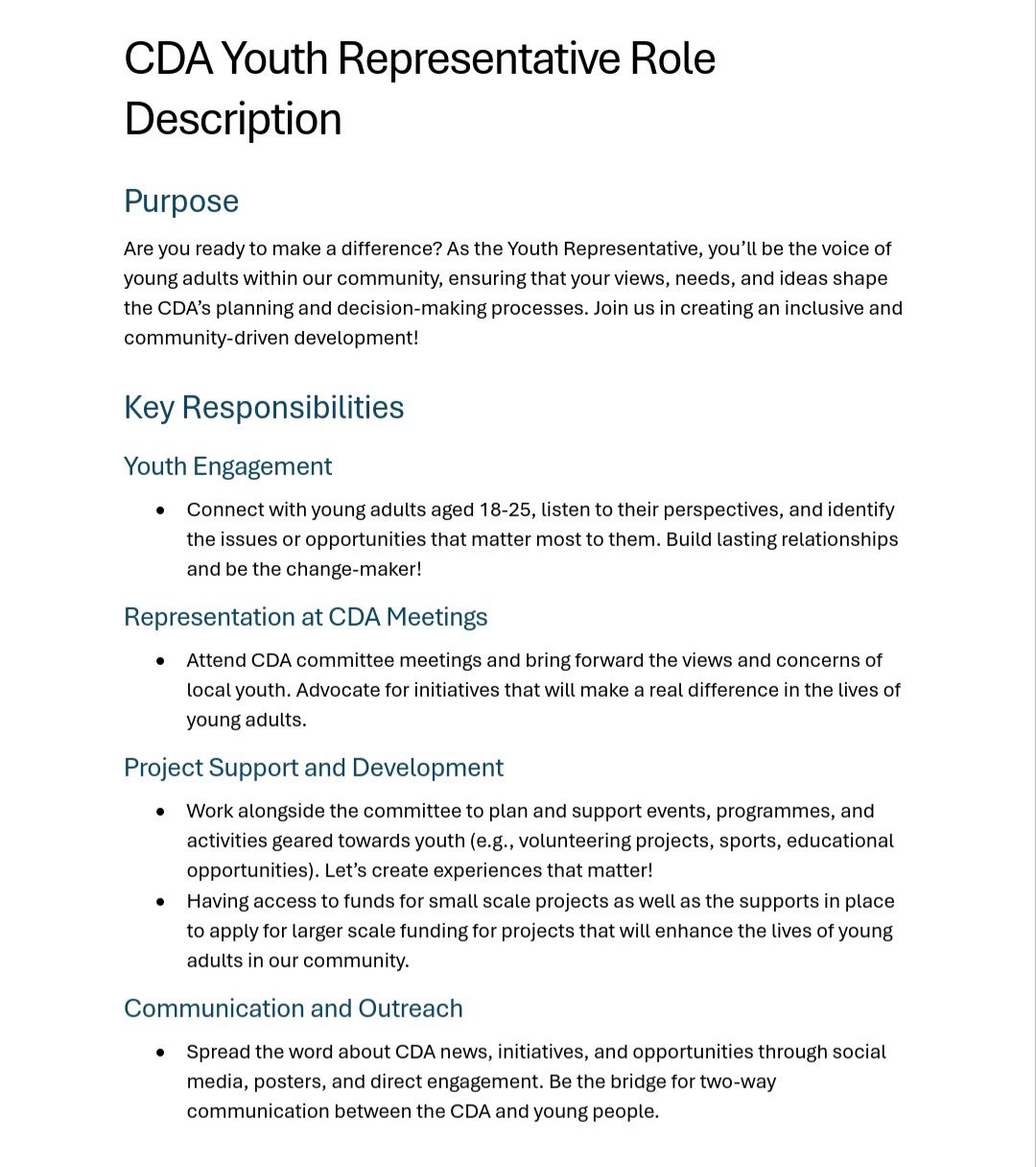 Role of Youth Representative | Cappamore /An Cheapach Mhór
