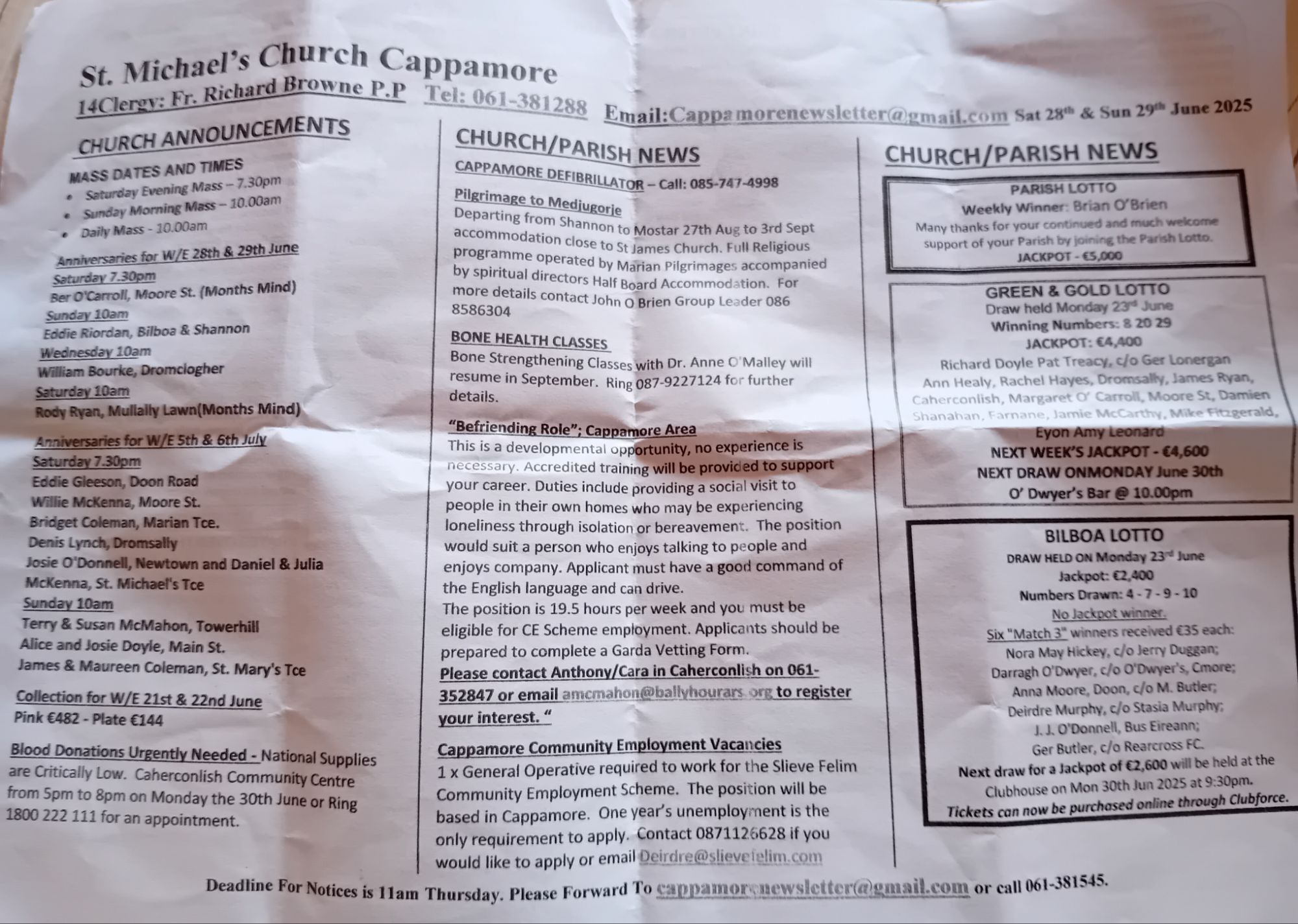 Church newsletter | Cappamore /An Cheapach Mhór