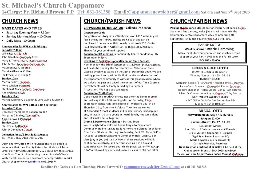 Church Newsletter | Cappamore /An Cheapach Mhór